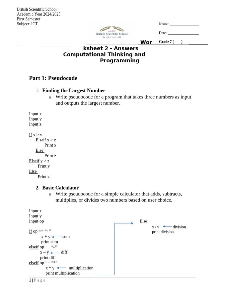 Part 1: Pseudocode: Wor Ksheet 2 - Answers Computational Thinking and Programming | PDF