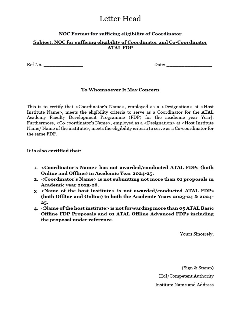 NOC for ATAL FDP Coordinator Eligibility | PDF