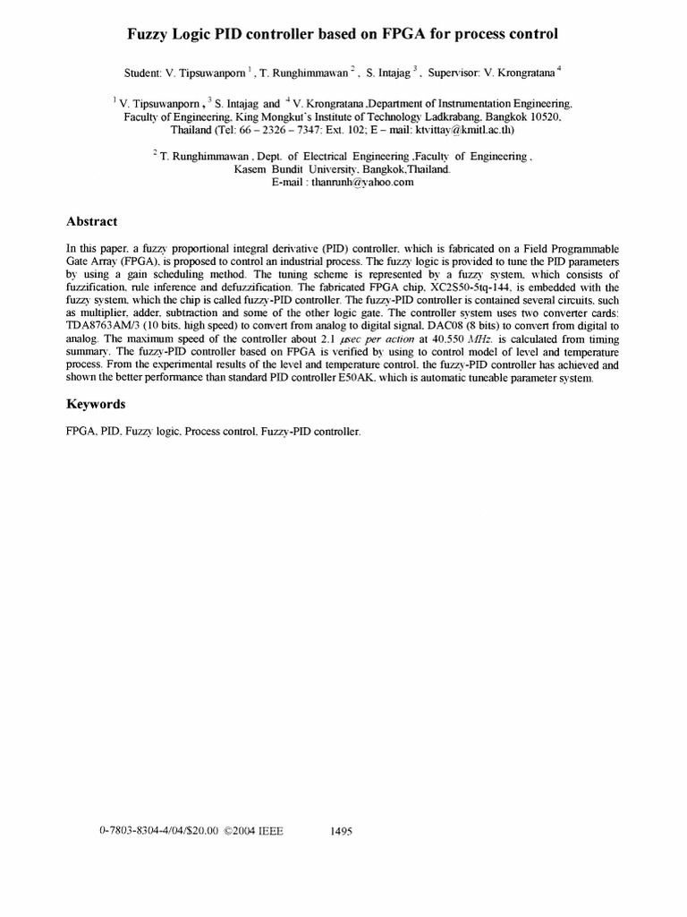 Fuzzy Logic PID Controller Based On FPGA For Process Control | PDF ...