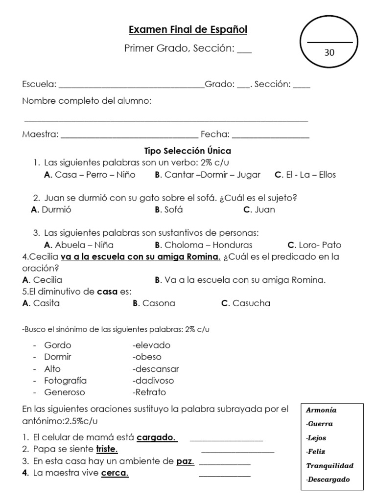 Examen Final de Español Primer Grado | PDF