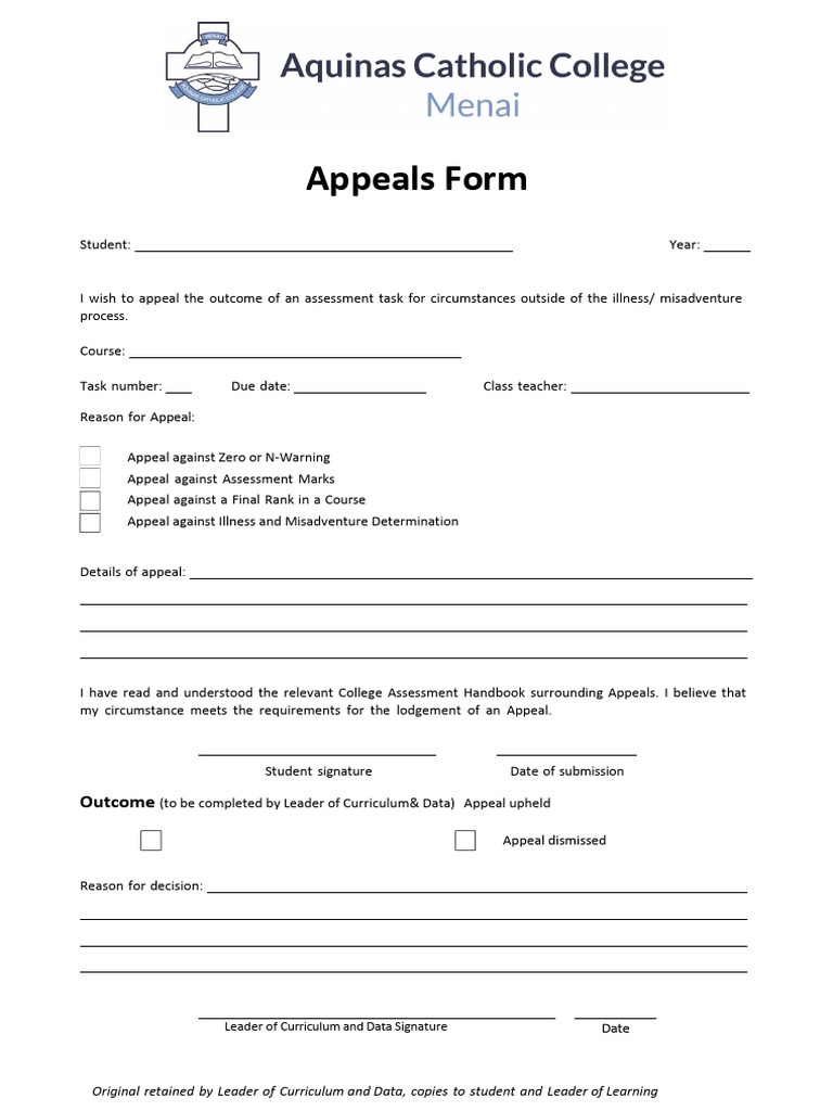Appeals Process at Aquinas College Menai | PDF