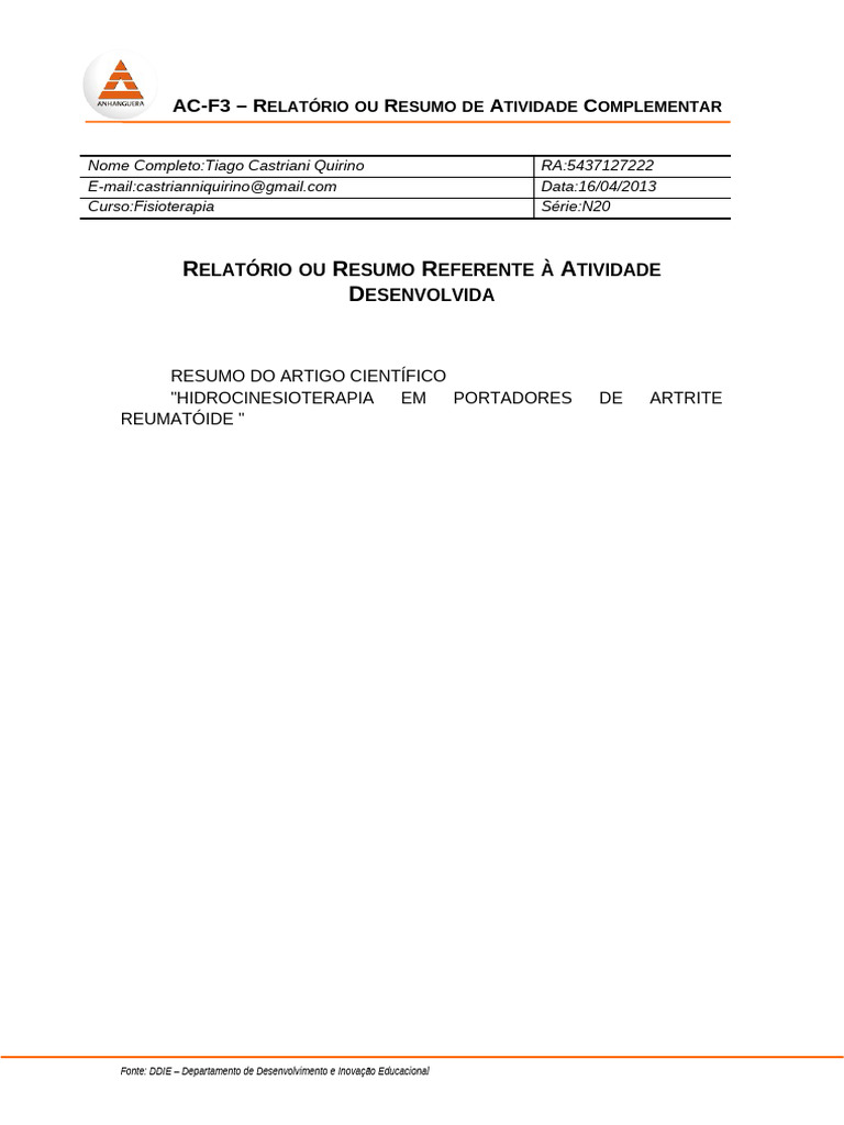 Atividade Complementar II - Hidrocinesioterapia em Portadores de Artrite Reumatóide | PDF