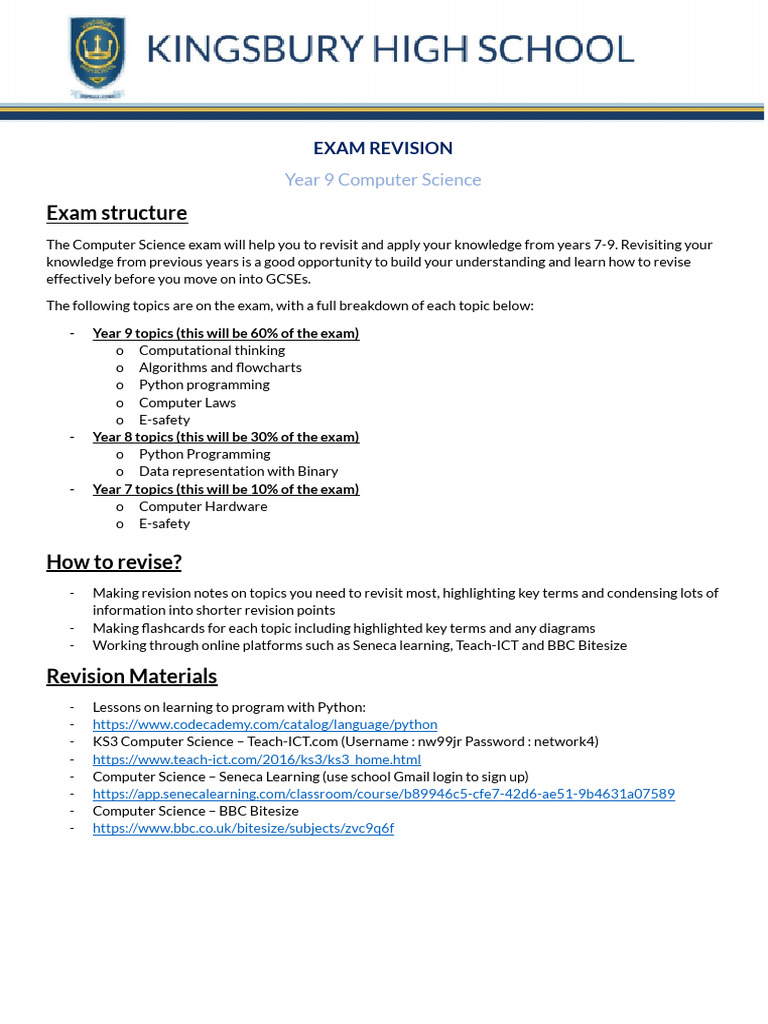 Yr9 Revision DocComputer Science2023 1.docx.280923265 | PDF | Input ...