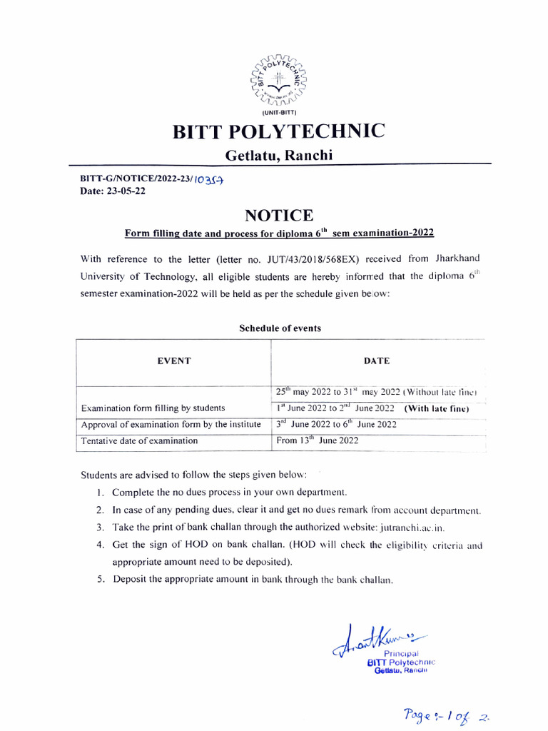 Form Filling Date and Process For Diploma 6th Sem Examination-2022 | PDF