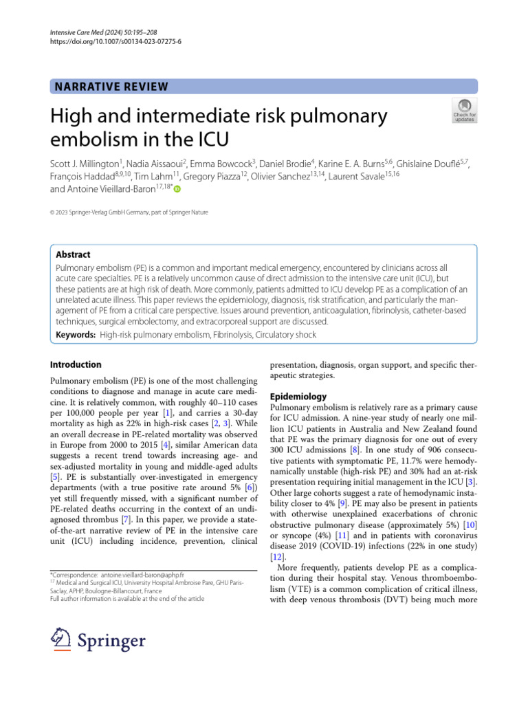 High and Intermediate Risk Pulmonary Embolism in The ICU | PDF | Heart ...