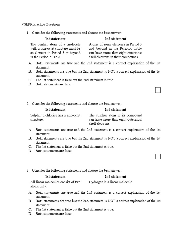 VSEPR Practice Questions | PDF | Chemical Substances | Sets Of Chemical ...