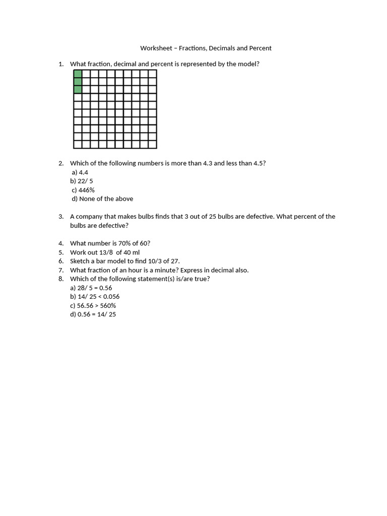 Worksheet-Fractions, Decimals n Percent 3 | PDF
