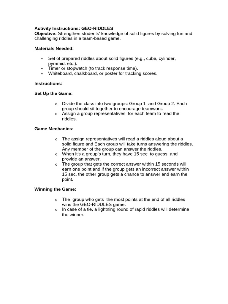 Team-Based Solid Figures Riddles Game | PDF