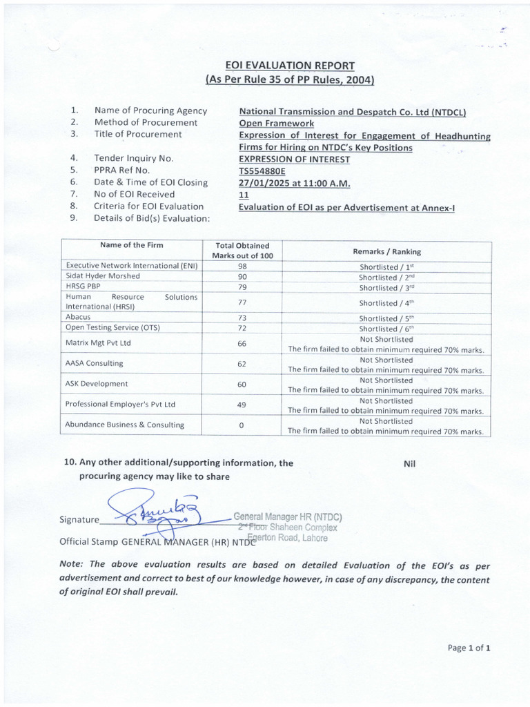 Final Evaluation Report for EOI NTDCL | PDF | Procurement