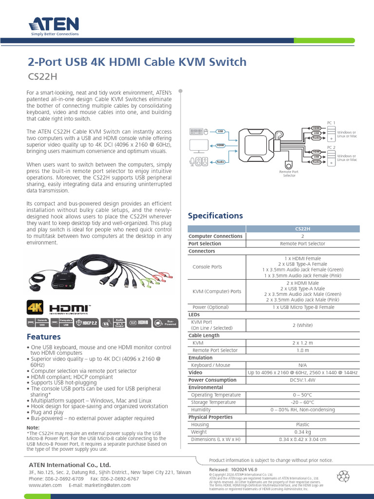 CS22H-2-Port-USB-4K-HDMI-Cable-KVM-Switch-Datasheet-en | PDF | Usb | Hdmi