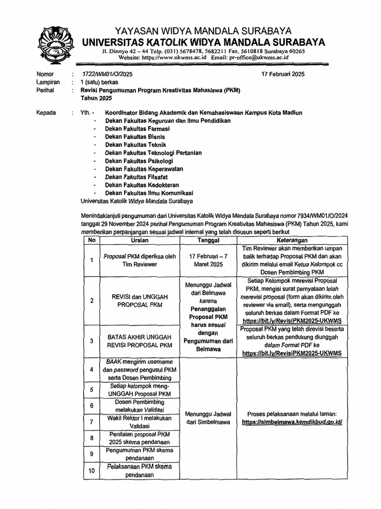 REVISI Pengumuman Seleksi Internal PKM 2025 UKWMS-1 | PDF