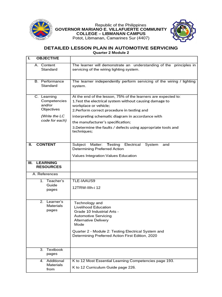 Detailed Lesson Plan in Automotive Ves | PDF | Engines | Ignition System