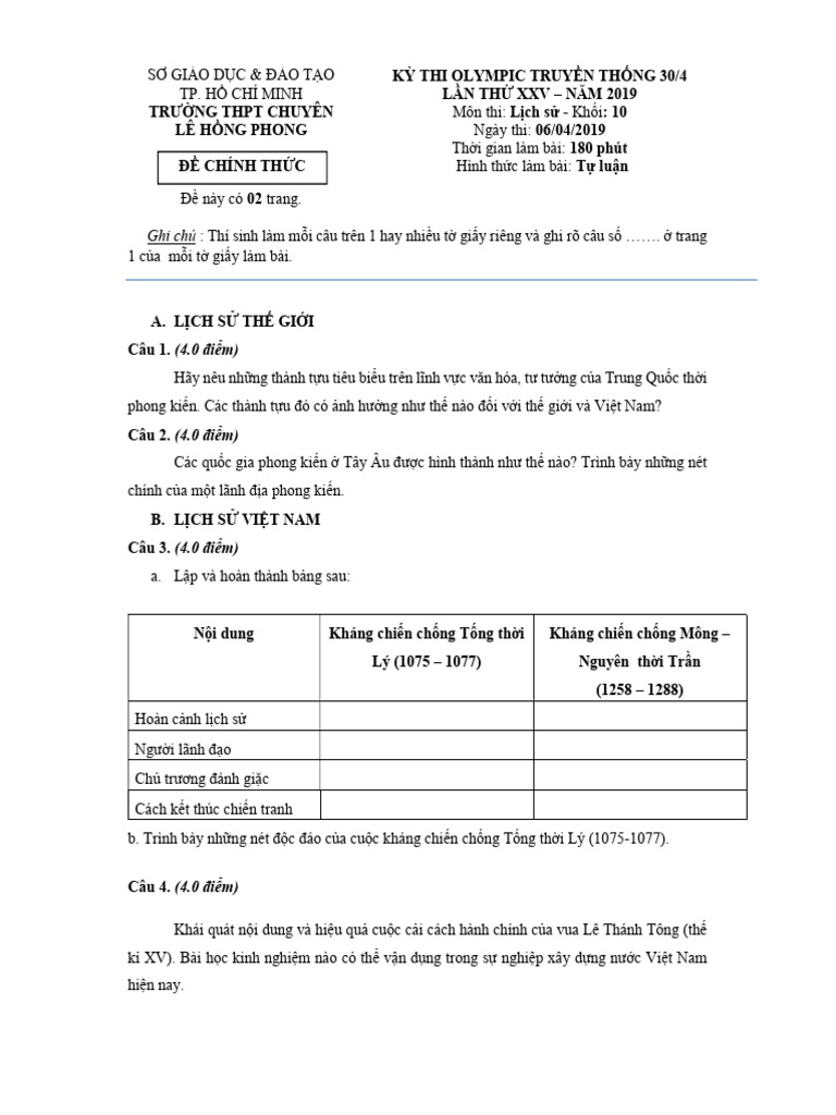 Lich Su 10 - de Olympic XXV Le Hong Phong | PDF