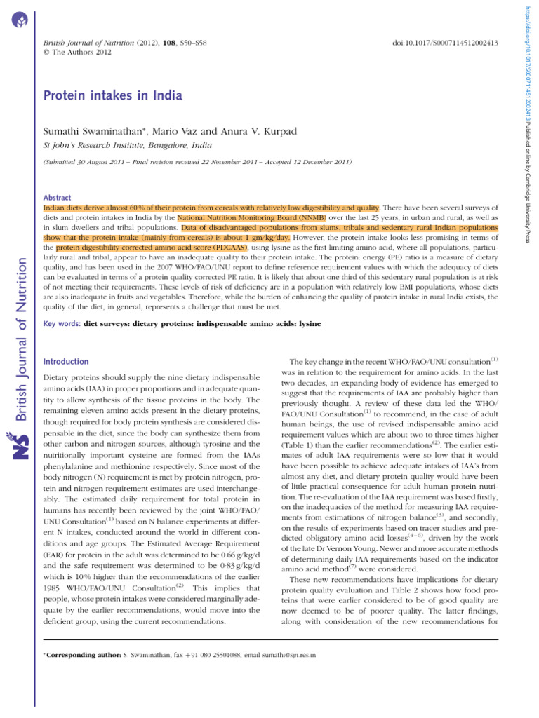 Protein Intakes in India | PDF | Foods | Biochemistry
