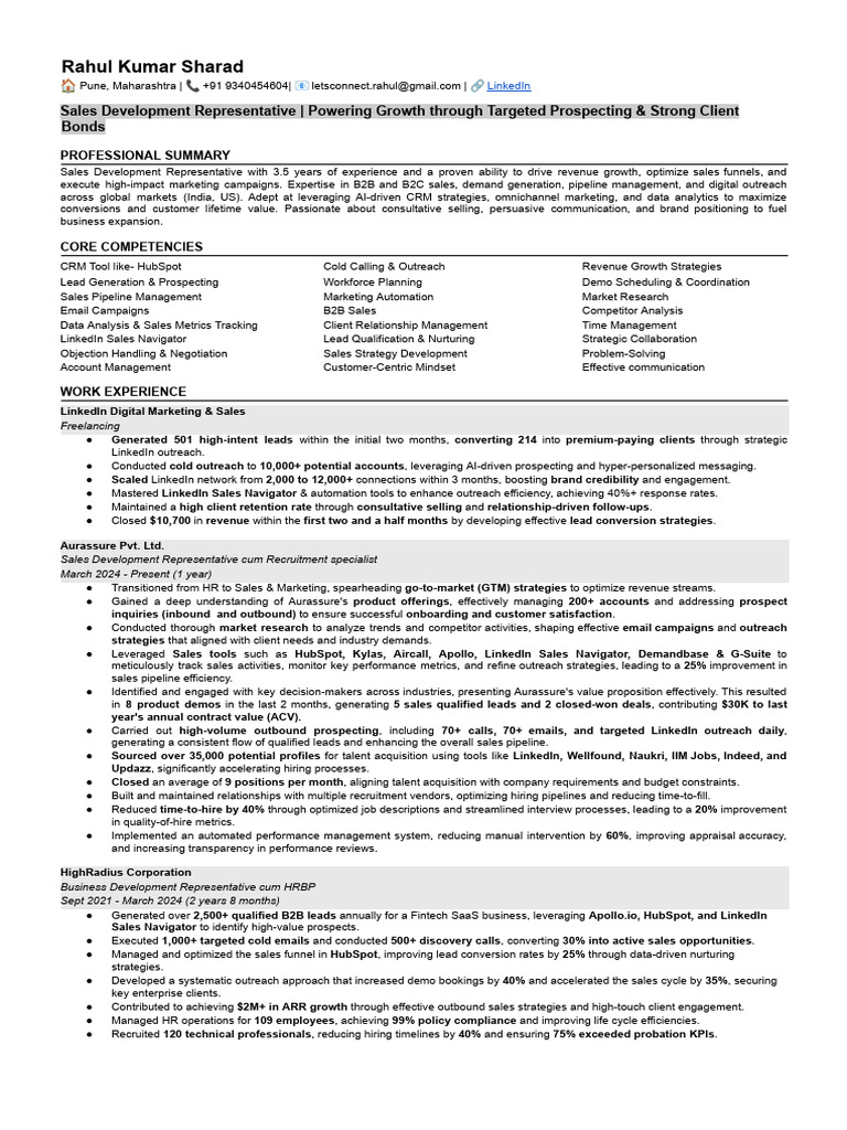 BDR - Rahul Kumar Sharad Resume | PDF | Sales | Marketing
