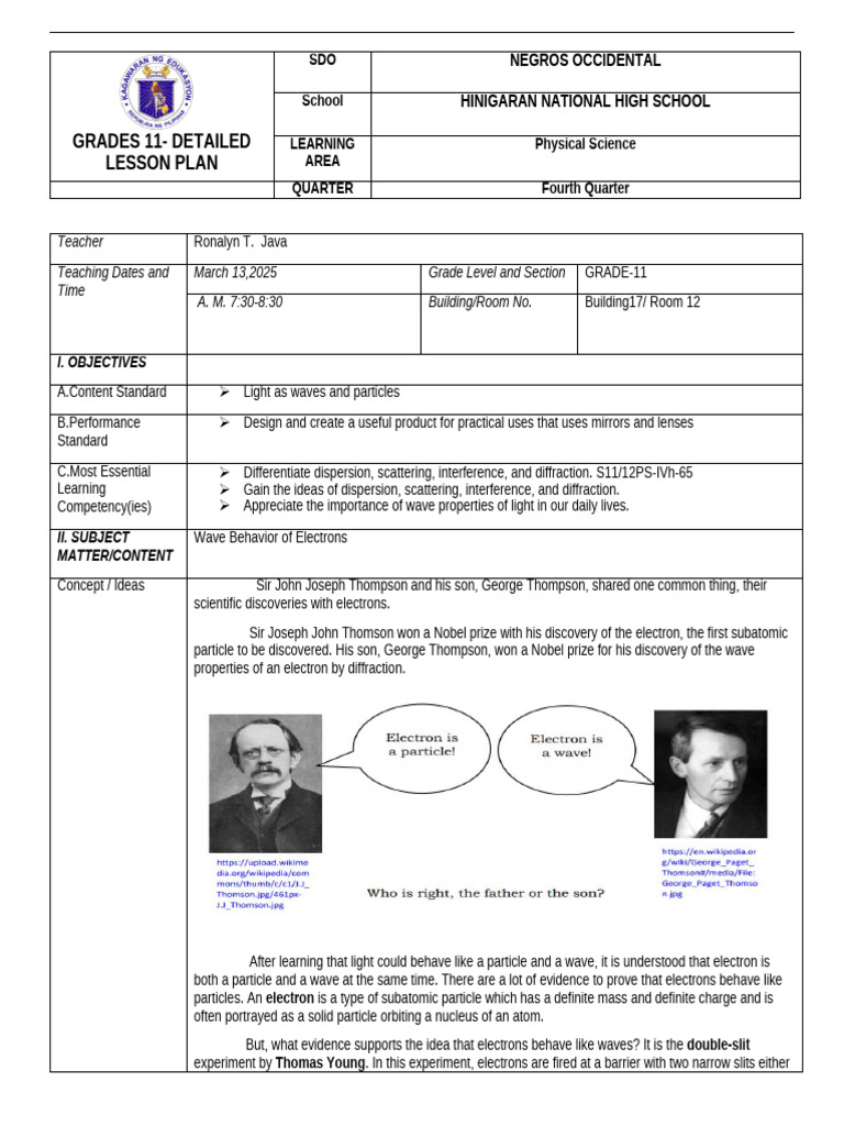 Grade 11 Physical Science Lesson Plan | PDF | Electron | Waves