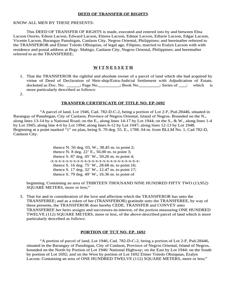 Deed of Transfer of Land Rights | PDF | Property Law | Legal Documents
