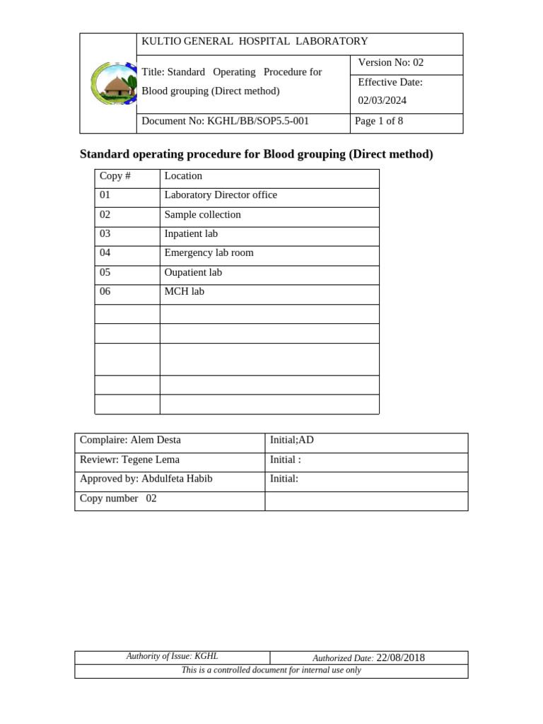 SOP for Blood Grouping (Direct Method) | PDF | Clinical Pathology ...