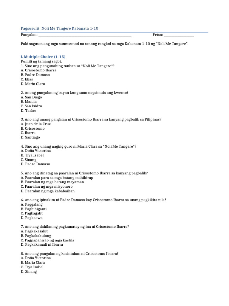Noli Me Tangere Pagsusulit Kabanata 1 10 | PDF