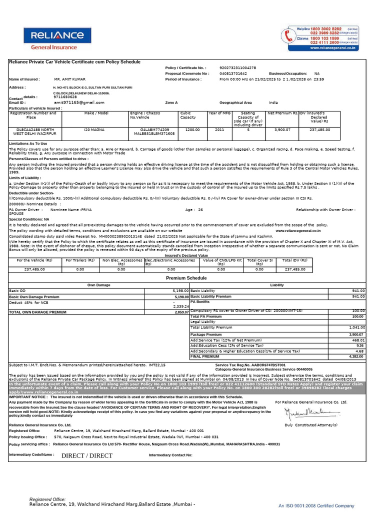 Reliance Car Insurance Policy Document | PDF | Insurance | Liability ...