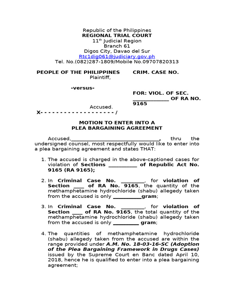 (Pro Forma) Motion To Enter Into Plea Bargaining Agreement For Viol of ...