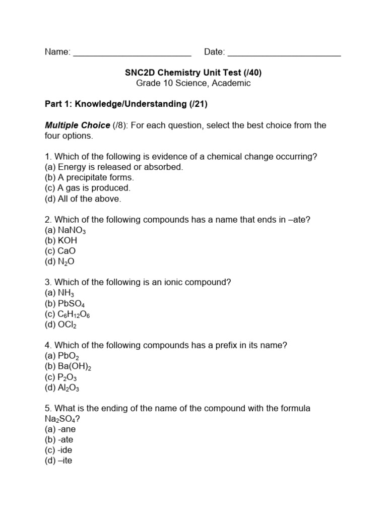 snc2d Chemistry Unit Test | PDF | Chemical Bond | Chemical Reactions