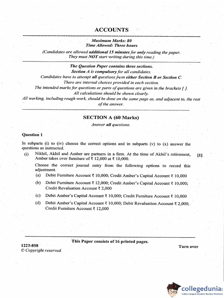 ISC Class 12 Accounts Question Paper 2023 | PDF