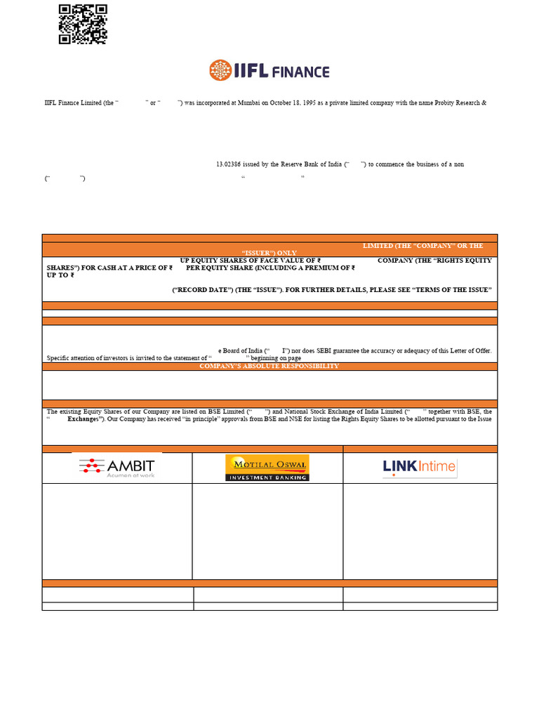 IIFL Finance - Rights Issue - Letter of Offer (Filing Version) | PDF ...