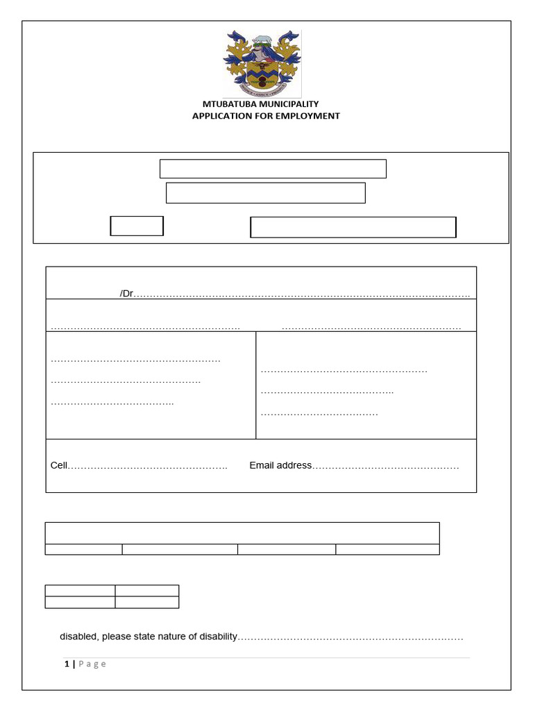 Mtubatuba Municipality Application for Employment Form English | PDF ...