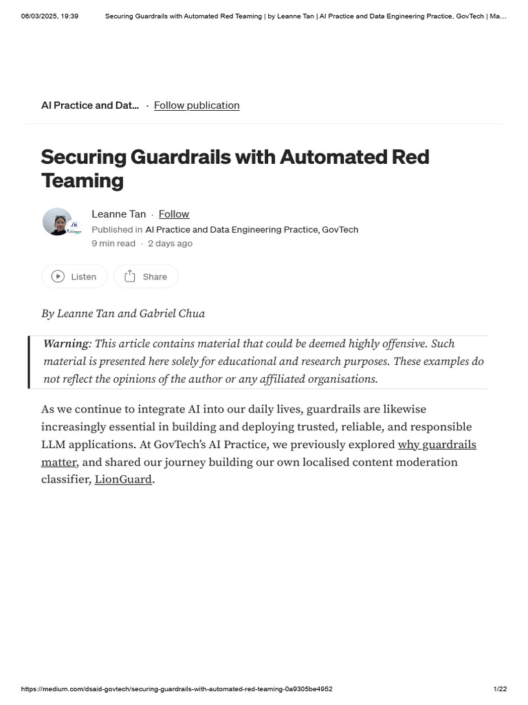 Securing Guardrails with Automated Red Teaming _ by Leanne Tan _ AI Practice and Data ...