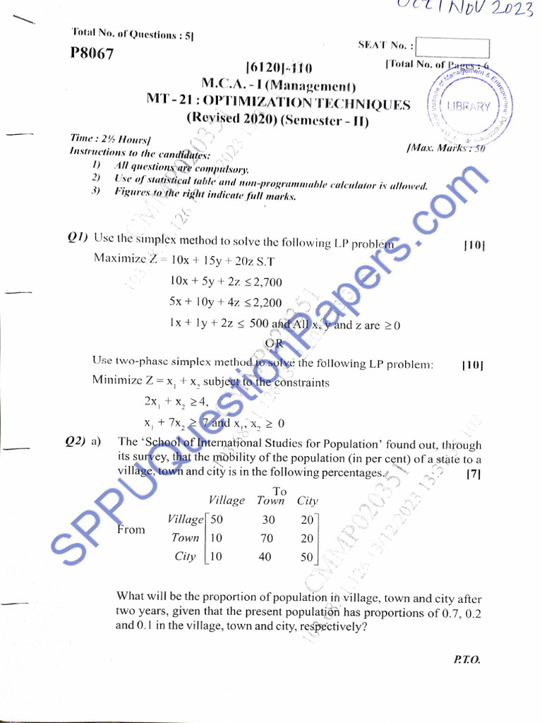Postgraduate PG - Master Computer Applications Mca - Semester 2 - 2023 - November - Optimization ...