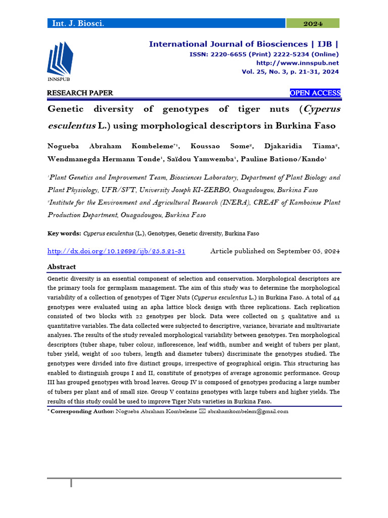 Genetic diversity of genotypes of tiger nuts (Cyperus esculentus L.) using morphological ...