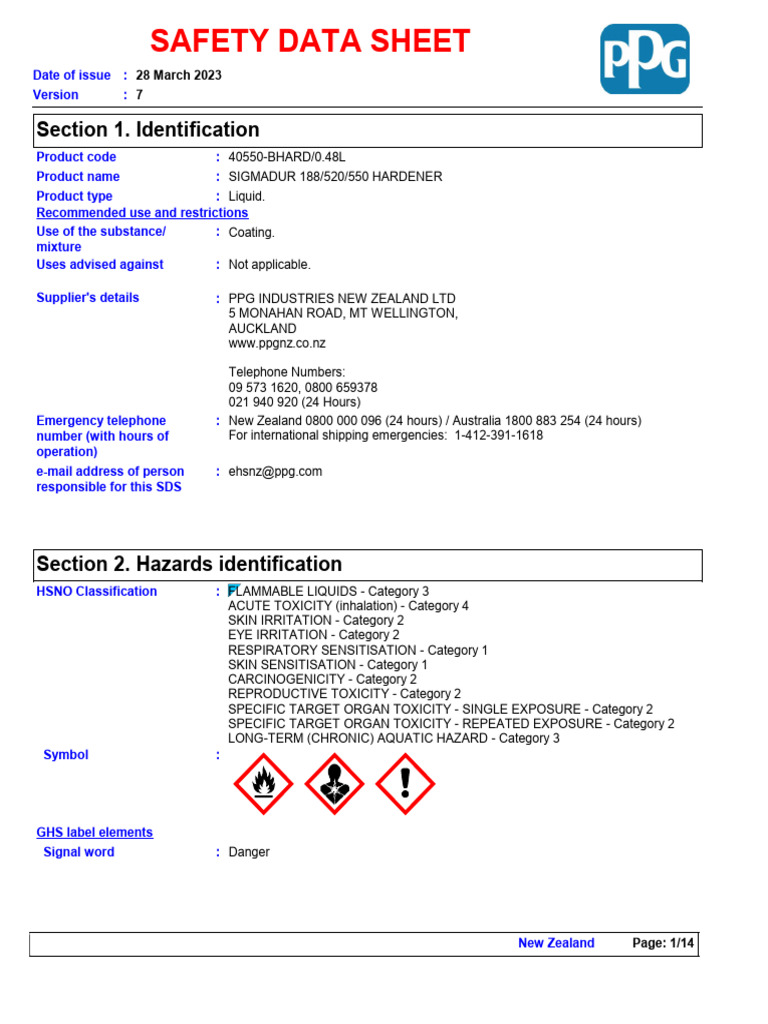 Sigmadur 188-520-550 Hardener | PDF | Toxicity | Dangerous Goods