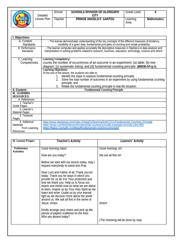 A Detailed Lesson Plan in Mathematics 8 - Fundamental Counting ...