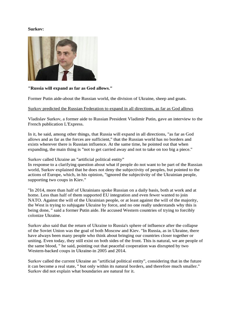 Surkov's Vision for Russia's Expansion | PDF | Soviet Union | World ...