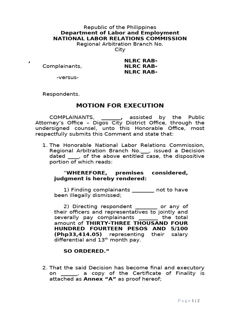 MOTION FOR EXECUTION (LABOR CASE) (SCRIB) | PDF | Legal Procedure ...