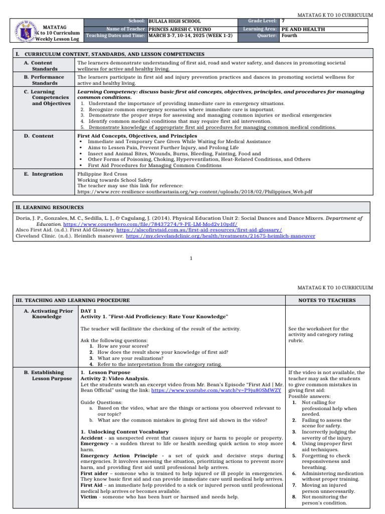 DLL Matatag - Pe&health 7 Q4 W1-2 | PDF | First Aid | Clinical Medicine