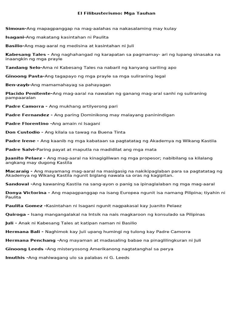 Mga Tauhan ng El Filibusterismo | PDF