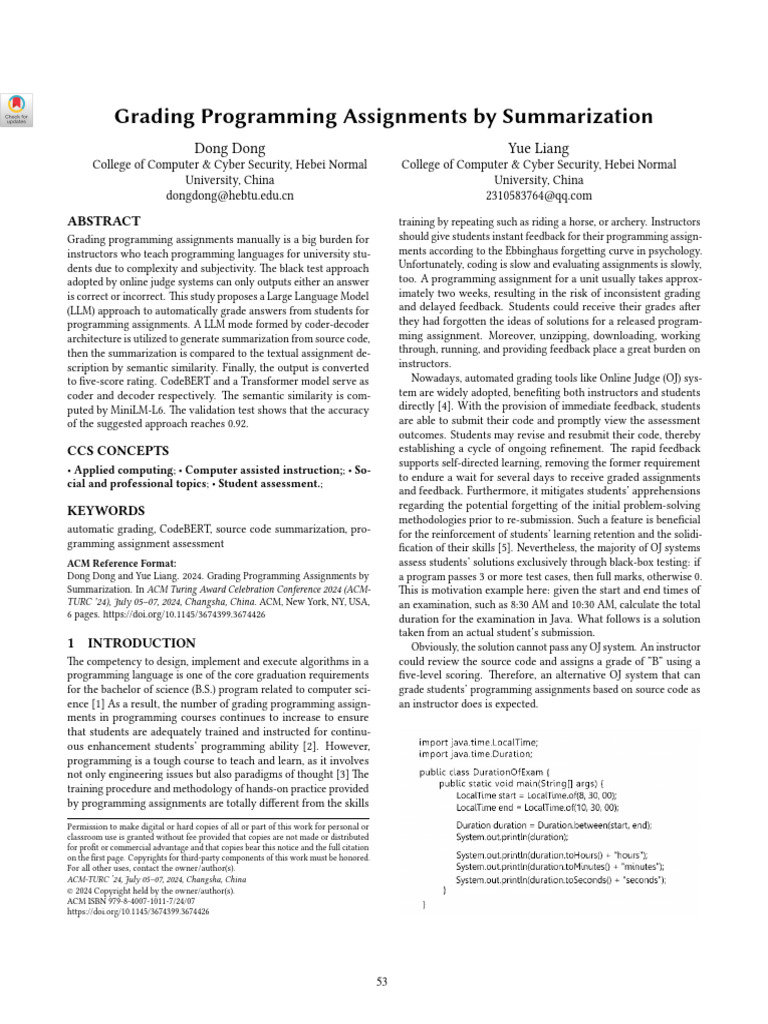 Grading Programming Assignments by Summarization - LLMs | PDF | Computing