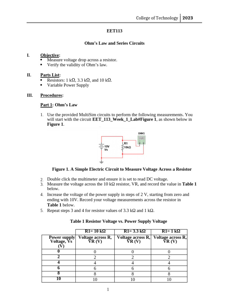 Lab Assignment - Ohms Law and Series Circuits | PDF | Voltage | Resistor