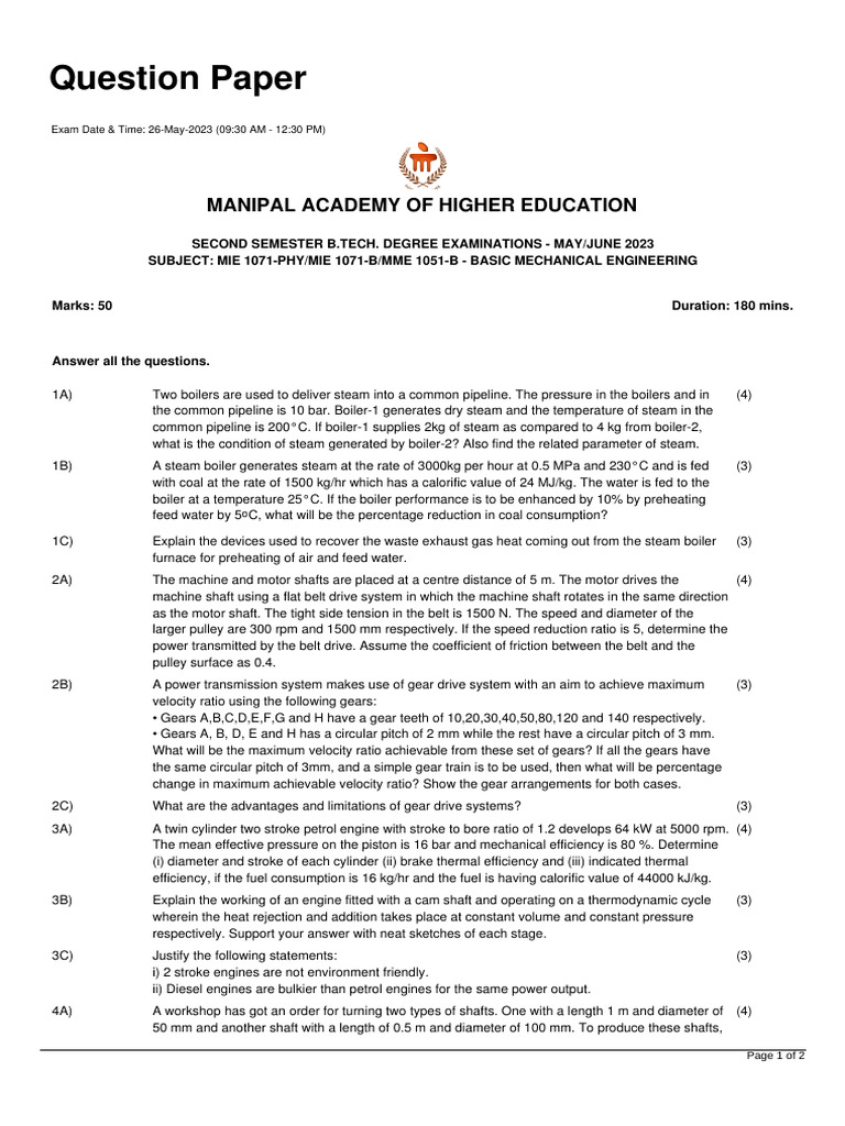 B.Tech Basic Mechanical Engineering Exam | PDF | Gear | Belt (Mechanical)