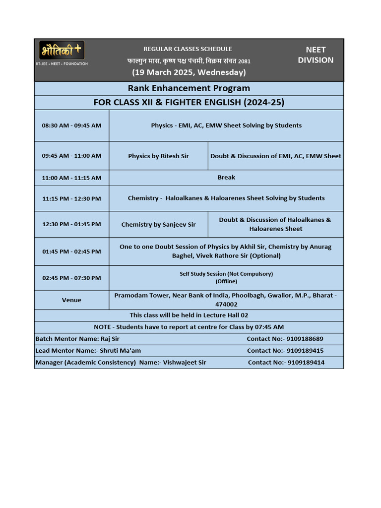 Class XII Regular Schedule & Doubt Sessions | PDF