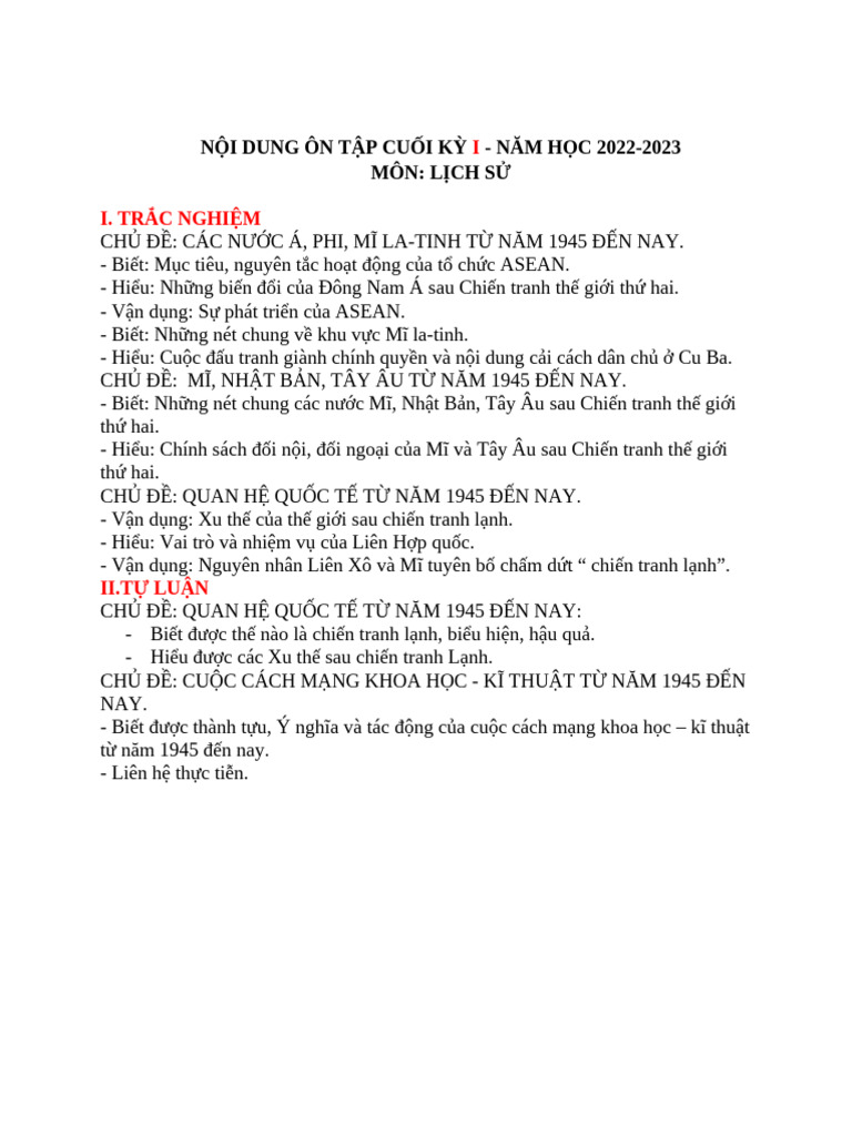 Nội dung ôn tập ckI sử 9 | PDF