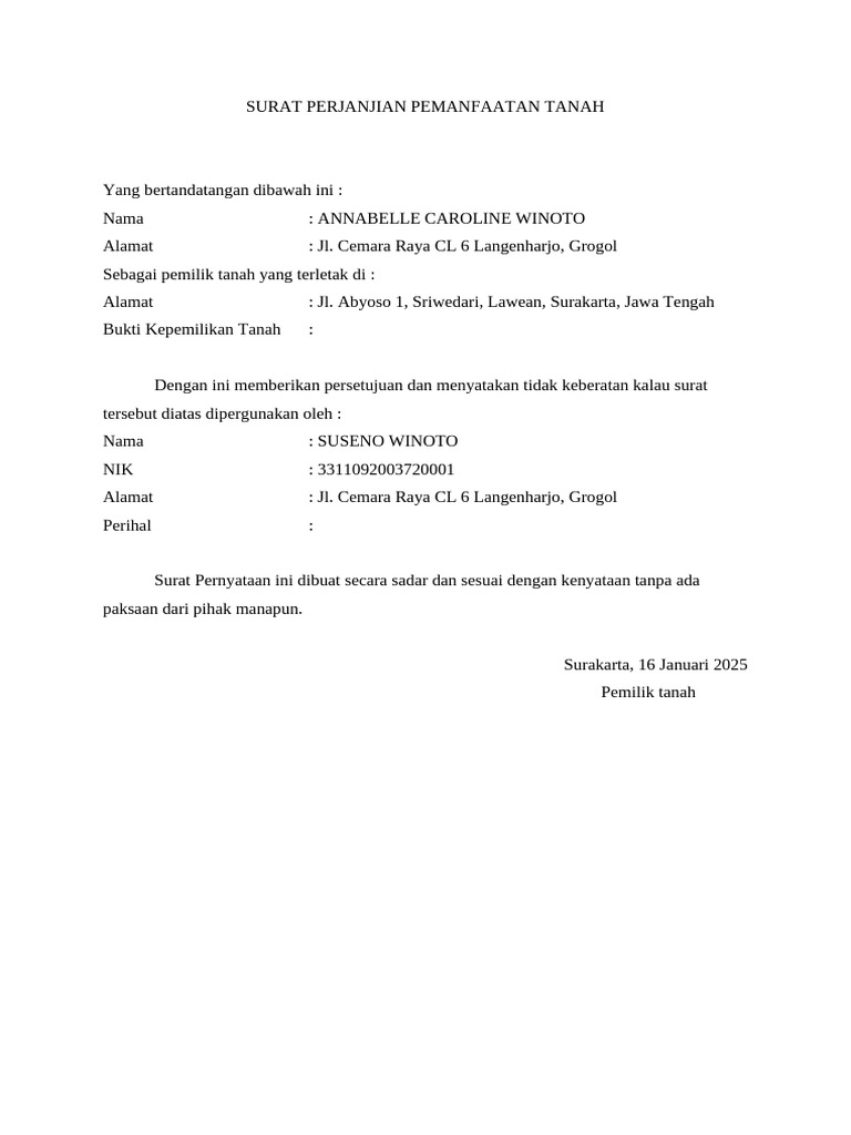 Surat Perjanjian Pemanfaatan Tanah | PDF