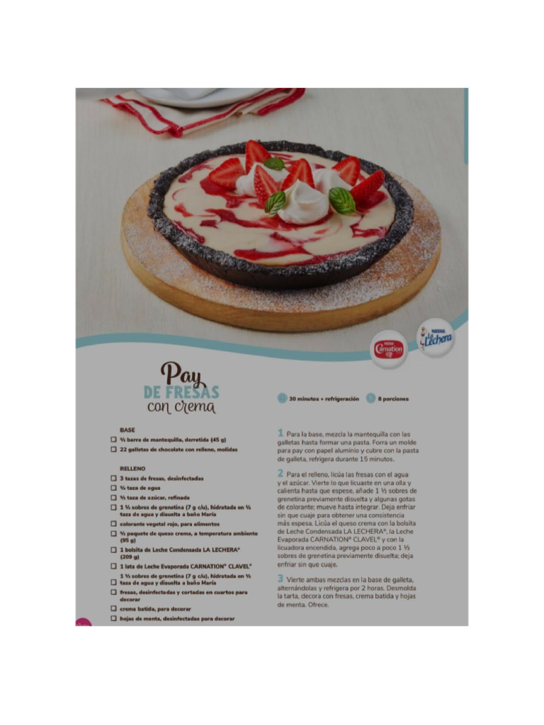 Receta - Postre - Pay de Fresas Con Crema | PDF