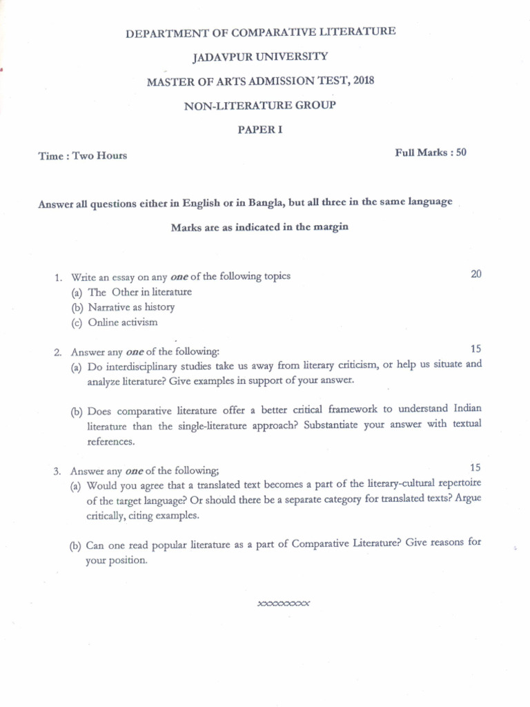 CL MA Admission Test 2018 Question Paper I & II For Non - Literature ...