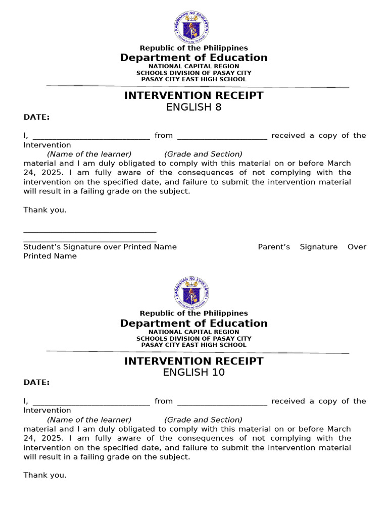 Intervention Receipt | PDF