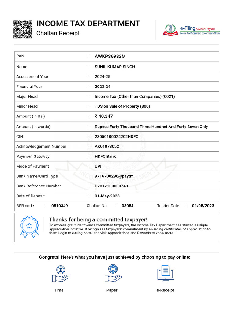 Income Tax Challan Receipt 2024-25 | PDF
