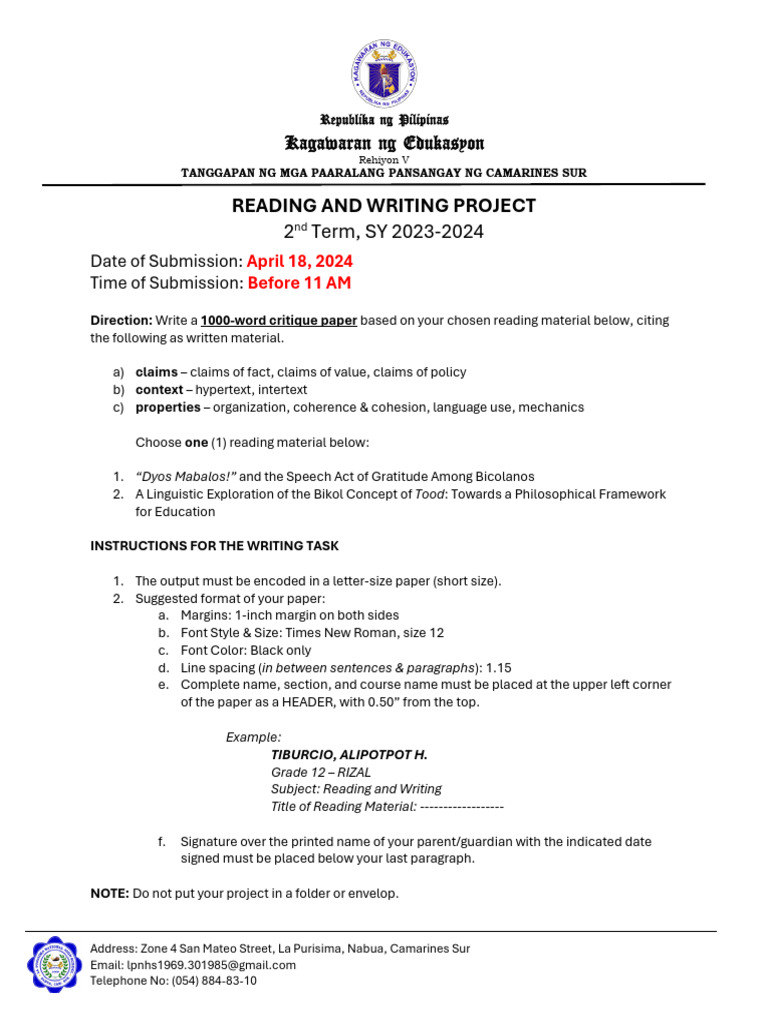 Reading Writing Project For 2nd Term | PDF