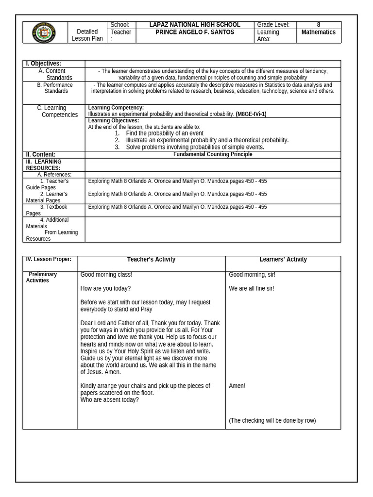 Grade 8 Probability Lesson Plan | PDF | Mathematics | Probability